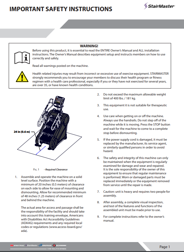 StairMaster 10G Install Manual