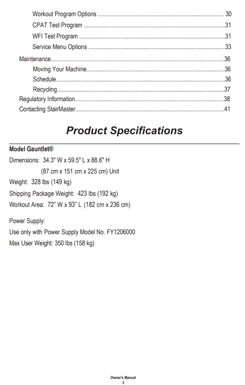 StairMaster Gauntlet Owner's Manual