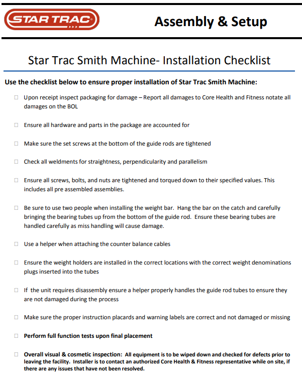 Installation Checklist Smith Machine