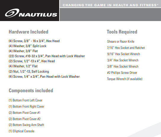 Nautilus Ellipticals E916 And Ev916 Assembly Manual