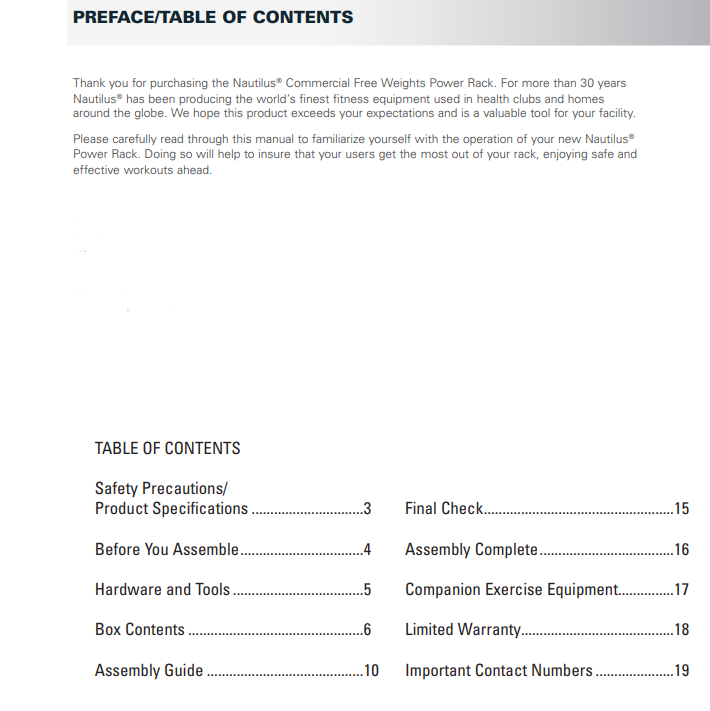 Nautilus Power Rack Owner's Manual
